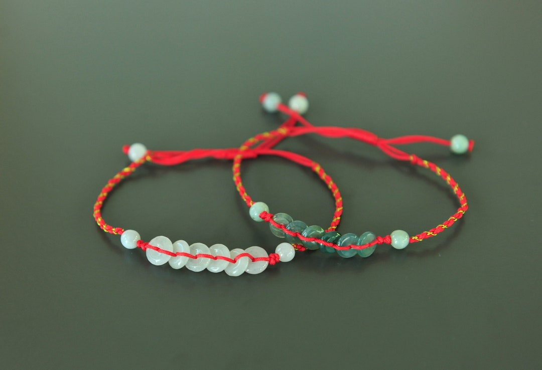 Red Thread White and Green Jade Bracelet, Handmade Jade Donut Lucky ...