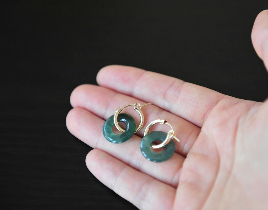 Dark Green Jade Hoop Earrings 14K Gold Filled, Jadeite Jade Green Donut ...