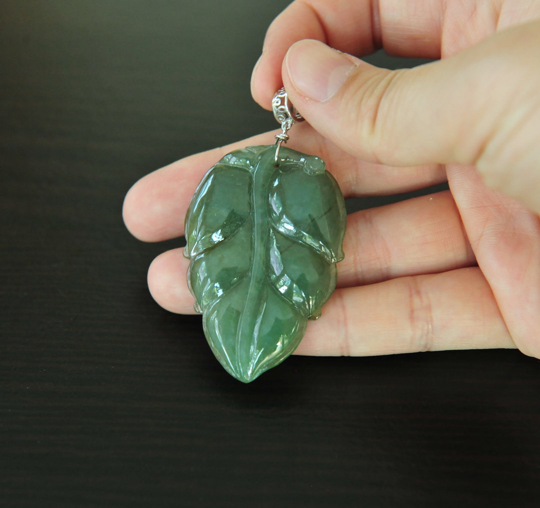 Big Green Jadeite Jade Leaf Pendant 925 Silver Certified Jade Grade A ...