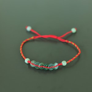 Red Thread White and Green Jade Bracelet, Handmade Jade Donut Lucky ...