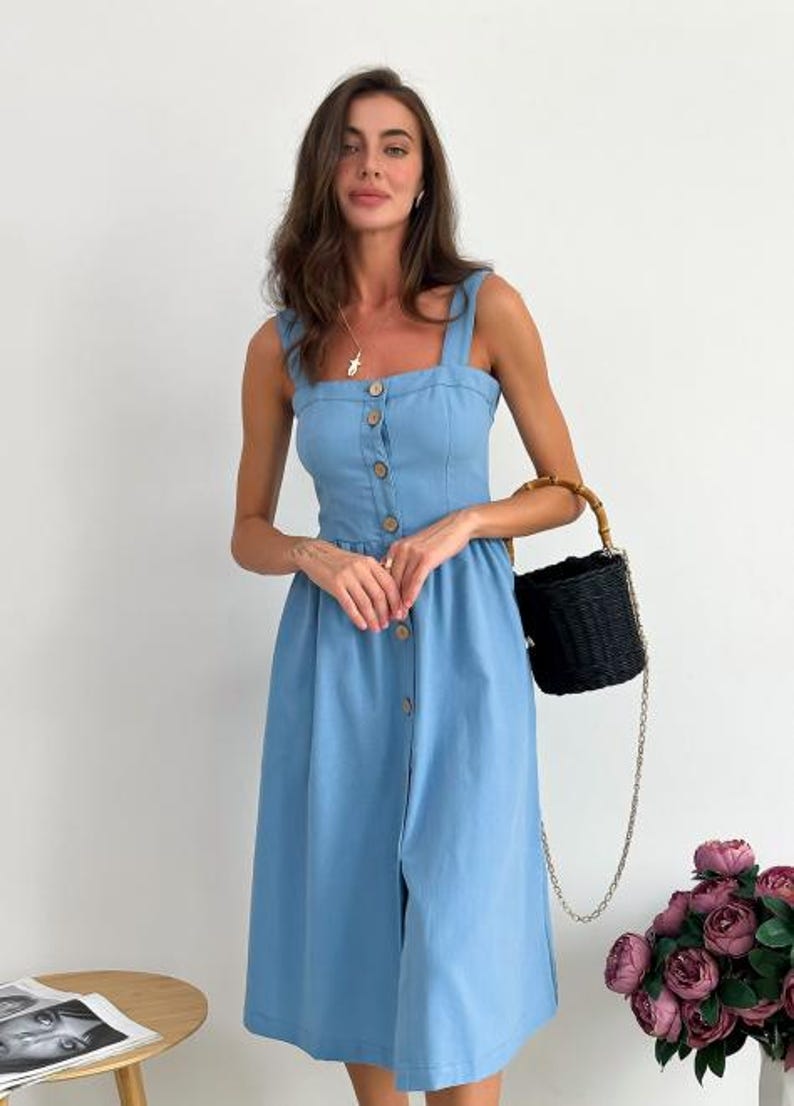 Summer Midi Dress Minimalist Green Sundress Sleeveless Cotton Linen ...