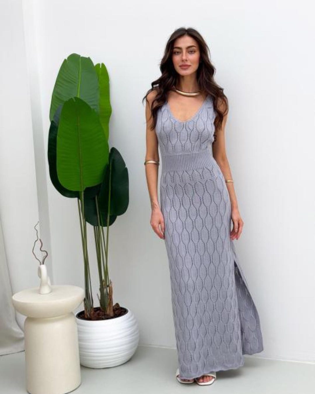 Long Sundress Summer Dress, Sleeveless Knitted Pattern, Gray Lavender ...