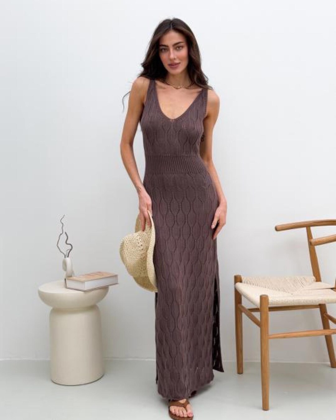 Long Summer Sundress, Coffee Color Knitted Dress, Boho Sleeveless ...