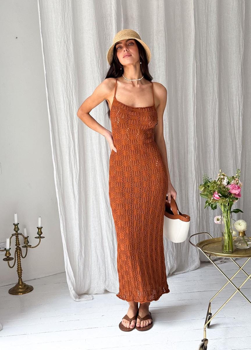 Coffee Long Knitted Boho Dress – Minimalist Summer Sundress, Sleeveless ...