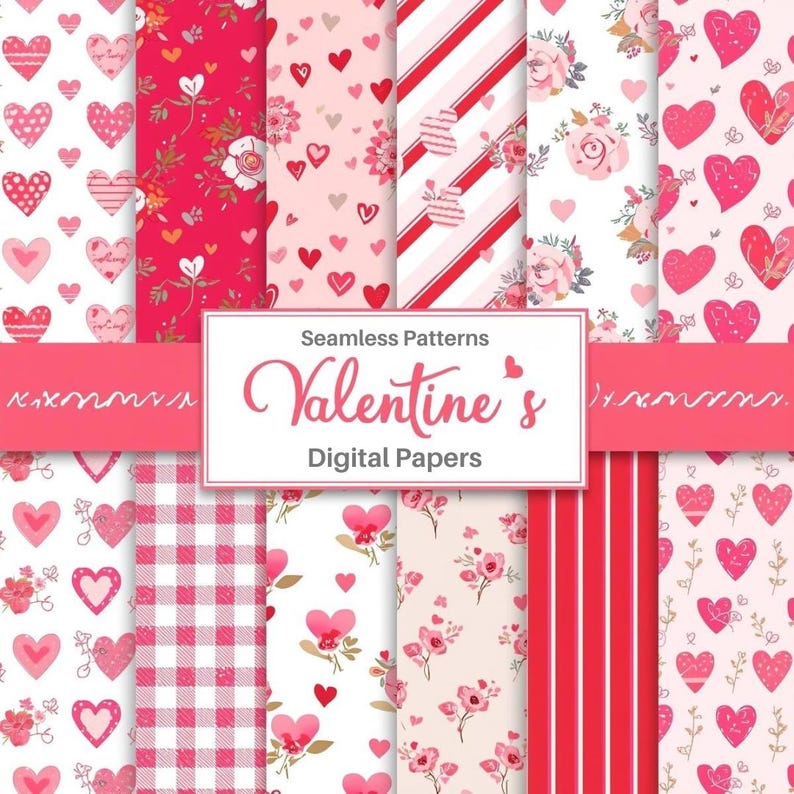 Valentine Digital Paper Bundle, Love Patterns, Seamless PNG Backgrounds ...