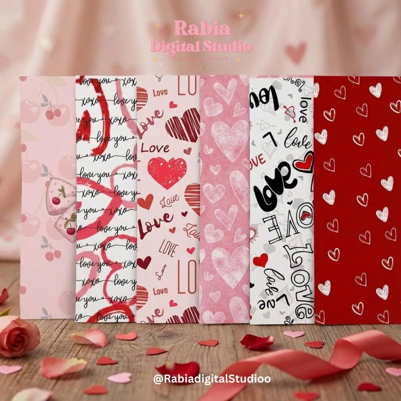 Valentine Digital Paper Bundle, Love Patterns, Seamless PNG Backgrounds ...