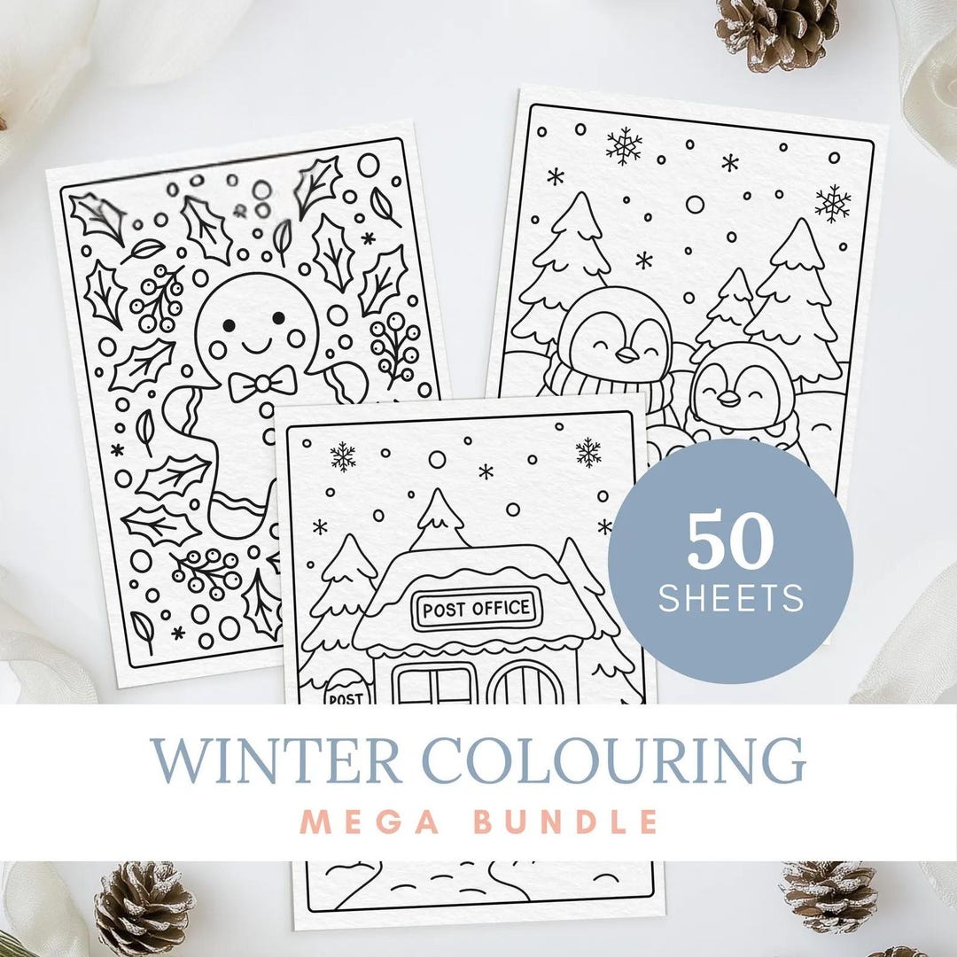 50 Winter Coloring Sheets, Printable Holiday Pages for Kids and Adults ...