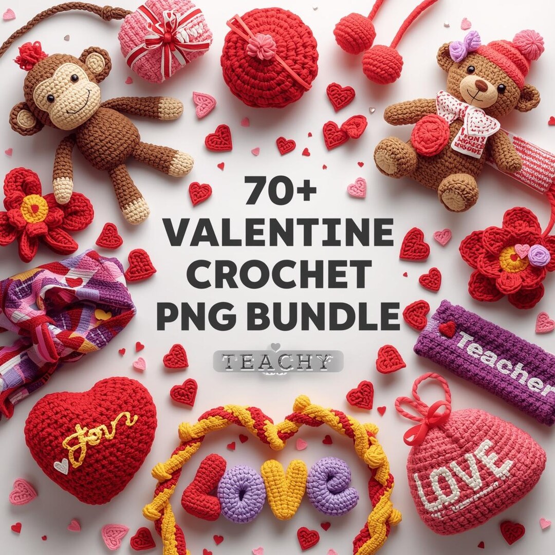 Crochet Valentine PNG Bundle | Faux Yarn Hearts, Cupid, Teddy (digital ...