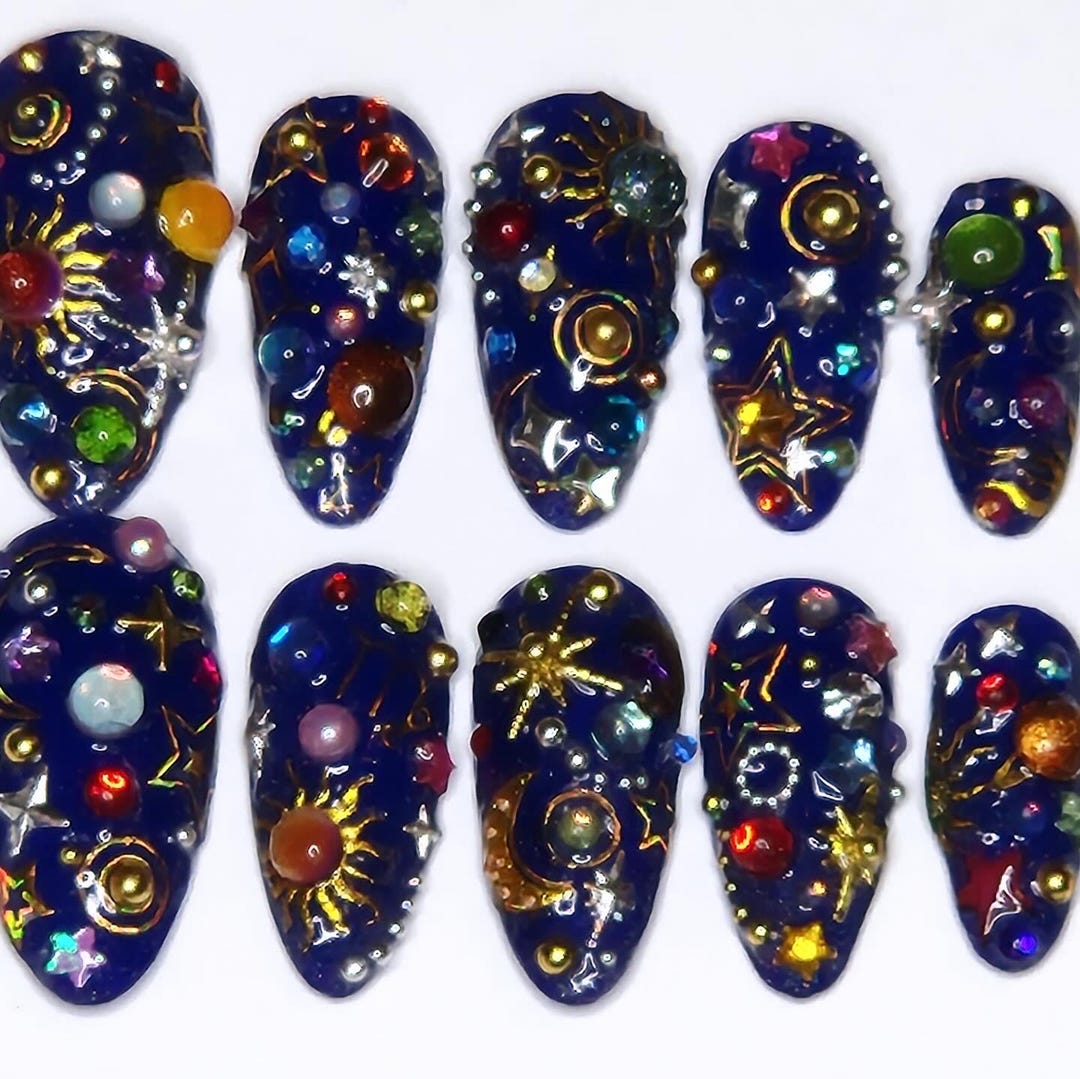 Handmade Celestial Space Zodiac Press on Nails – Dark Blue Glitter ...