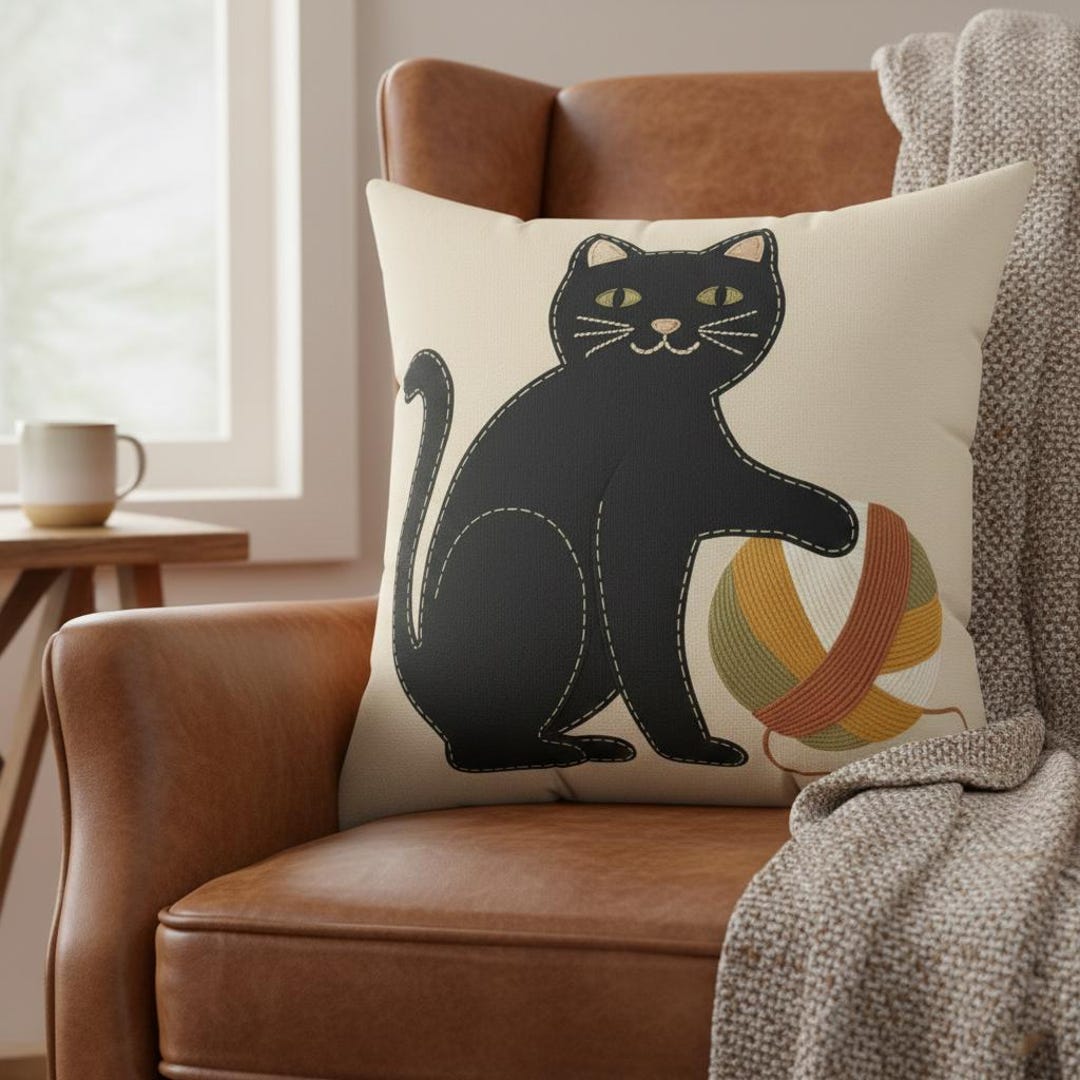 Cat Pillow – Folk Black Cat, Mid-century Appliqué Decorative Pillow - Etsy