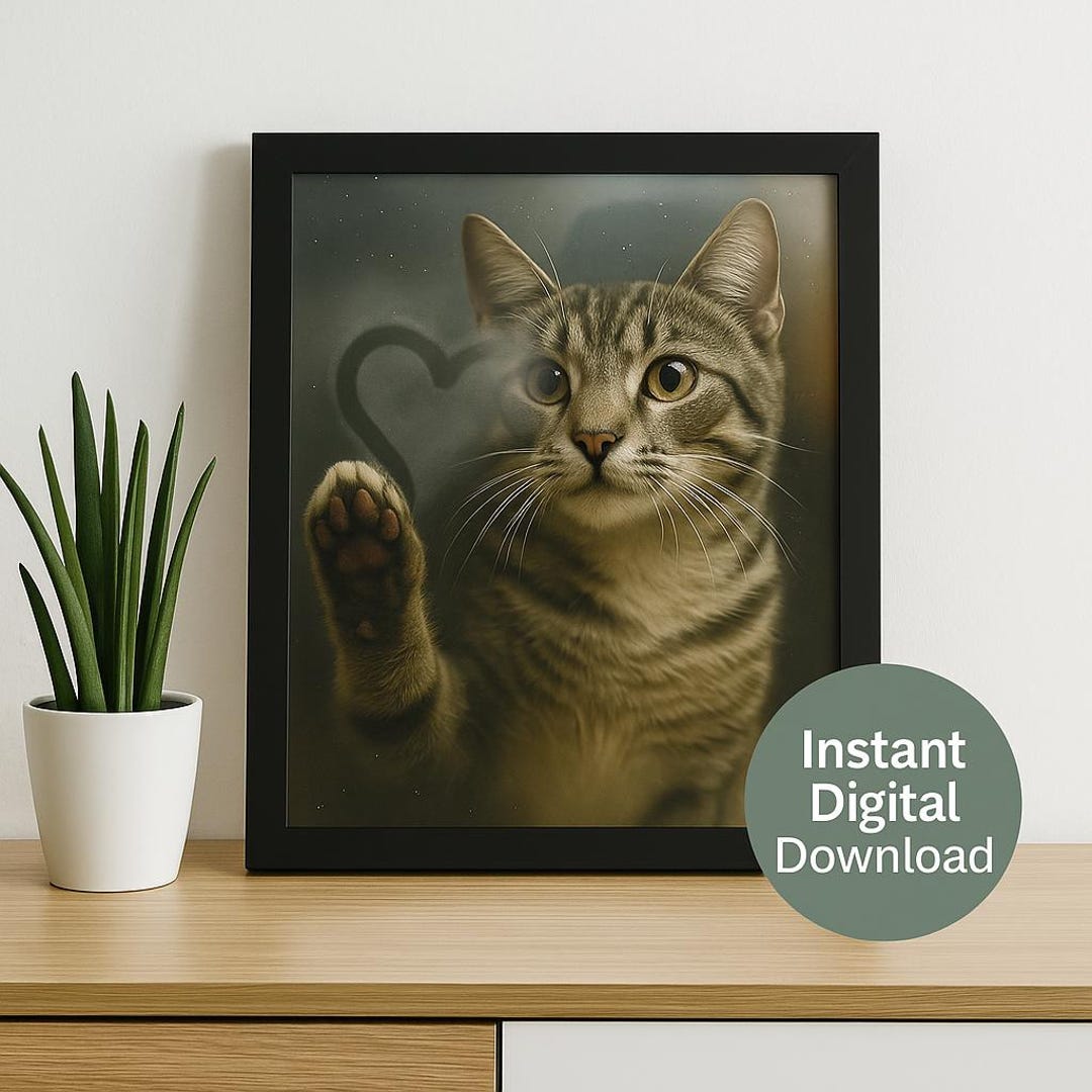 Cute Tabby Cat Poster – Heart on Glass, Pet Portrait (digital Download ...