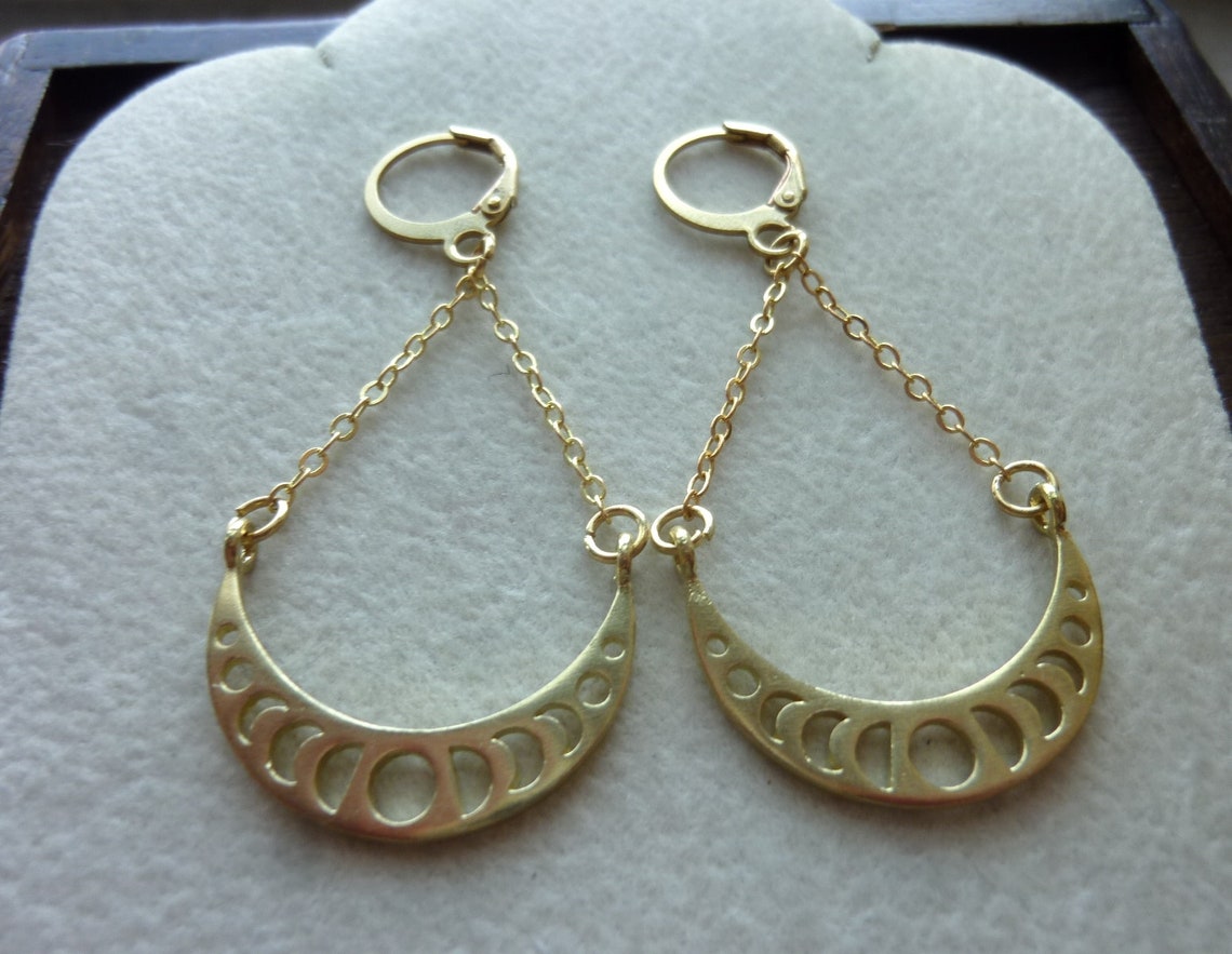 Raw Brass Crescent Moon Phases Chain Earrings, Available in 2 Sizes ...