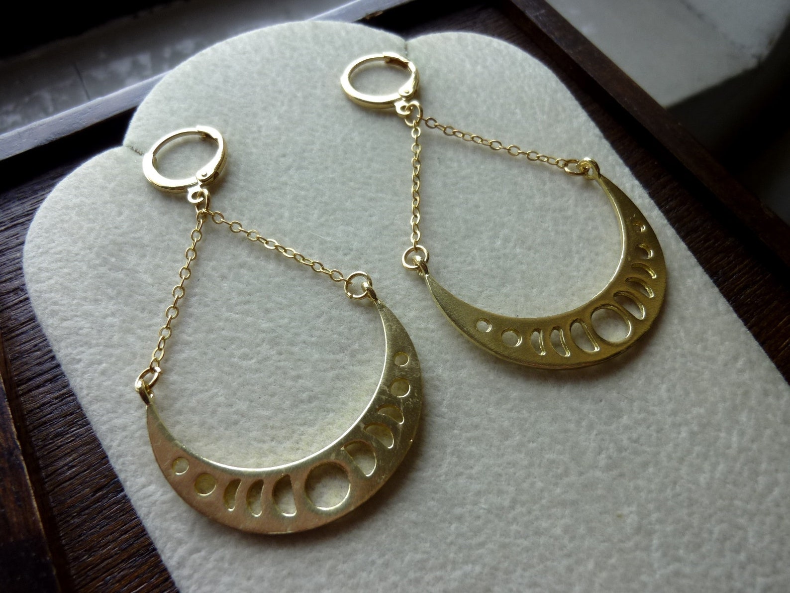 Raw Brass Crescent Moon Phases Chain Earrings, Available in 2 Sizes ...