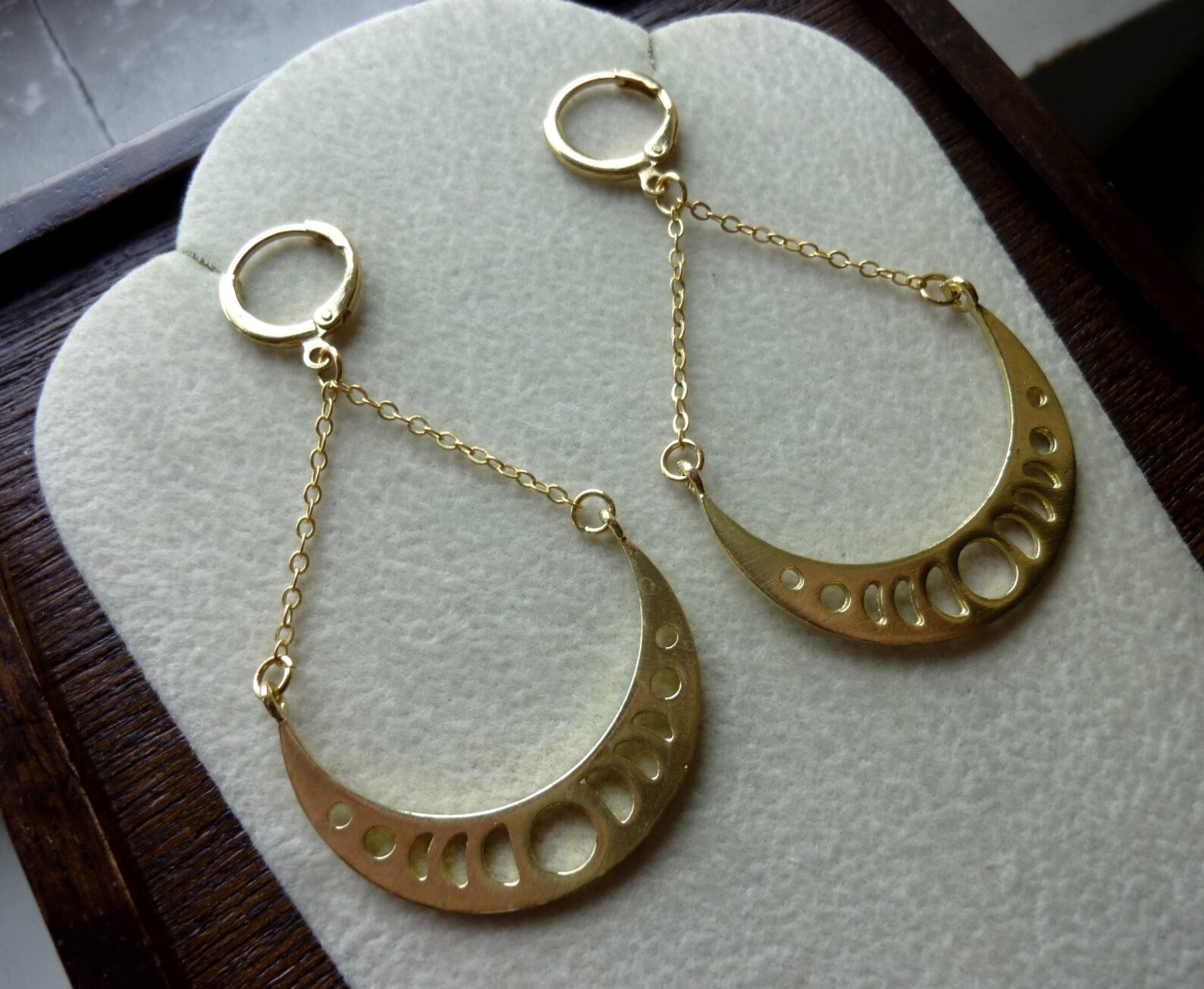 Raw Brass Crescent Moon Phases Chain Earrings, Available in 2 Sizes ...