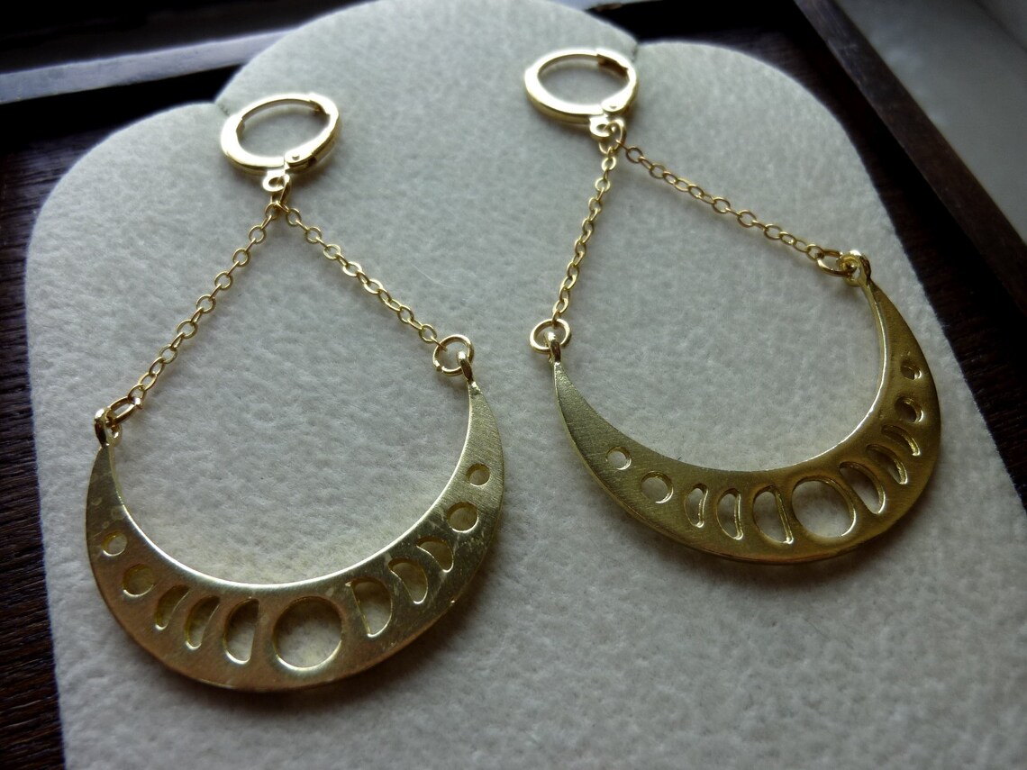 Raw Brass Crescent Moon Phases Chain Earrings, Available in 2 Sizes ...