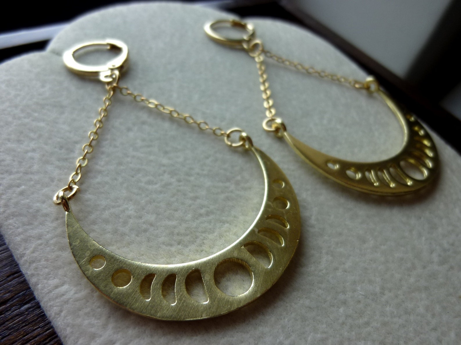 Raw Brass Crescent Moon Phases Chain Earrings, Available in 2 Sizes ...