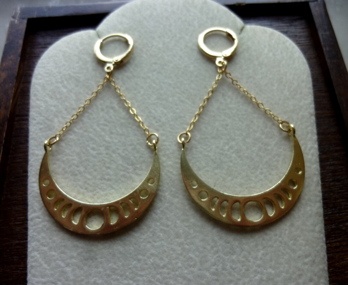 Raw Brass Crescent Moon Phases Chain Earrings, Available in 2 Sizes ...