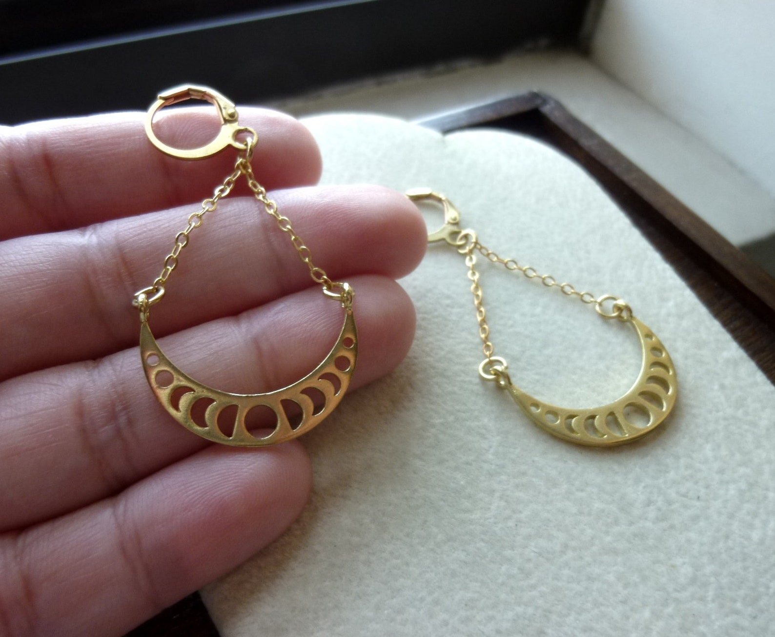 Raw Brass Crescent Moon Phases Chain Earrings, Available in 2 Sizes ...