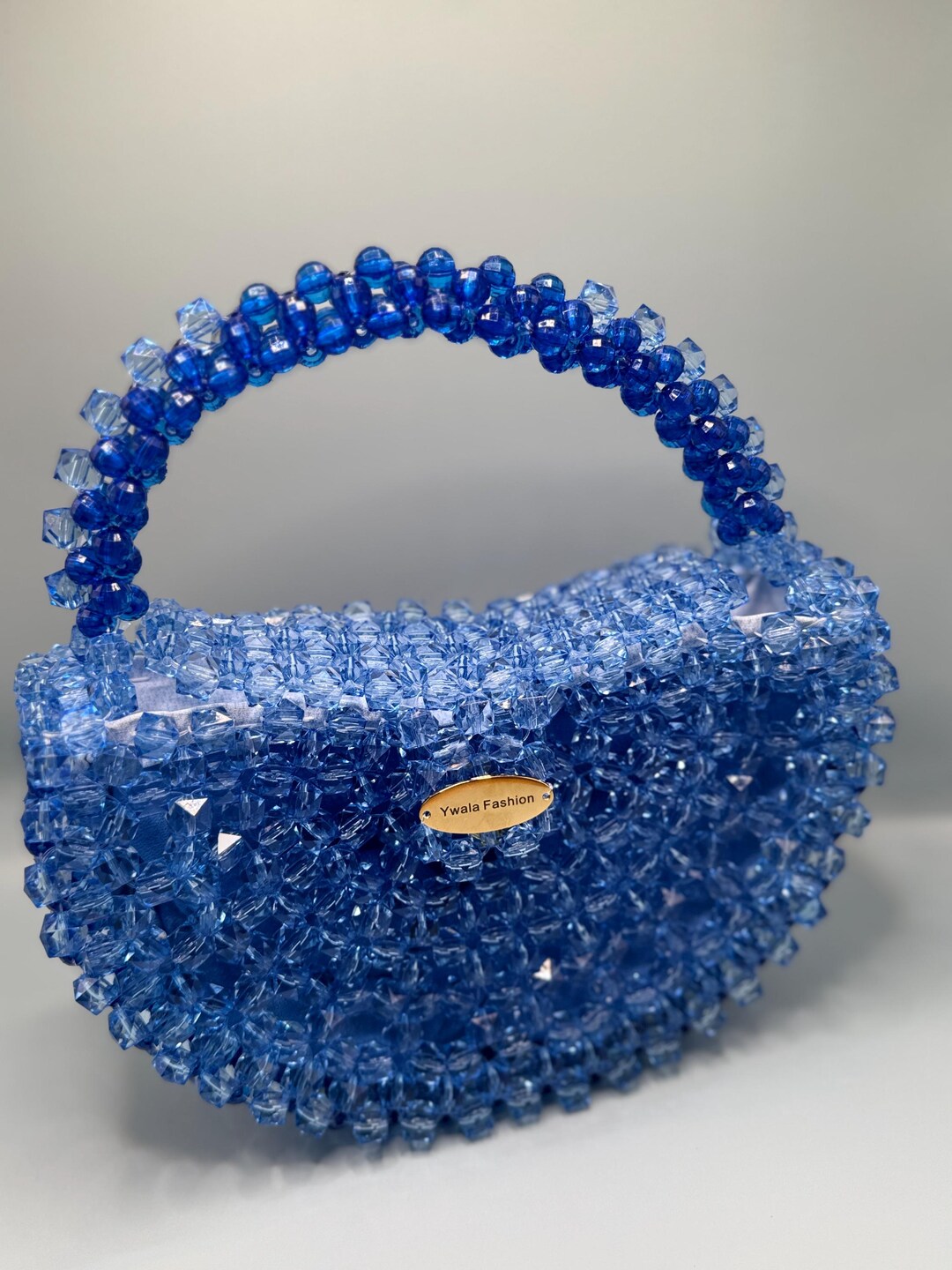 Vibrant Royal Blue Beaded Top Handle Moon Bag | Unique Faceted Crystal ...