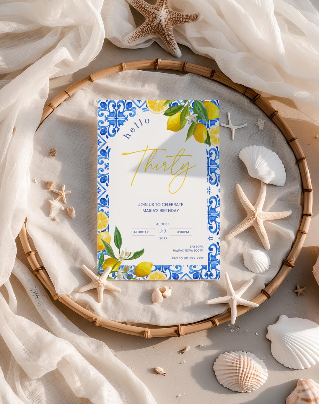 Tuscan Vibes, Amalfi Coast Theme Printable Party Invite, Blue Tile ...