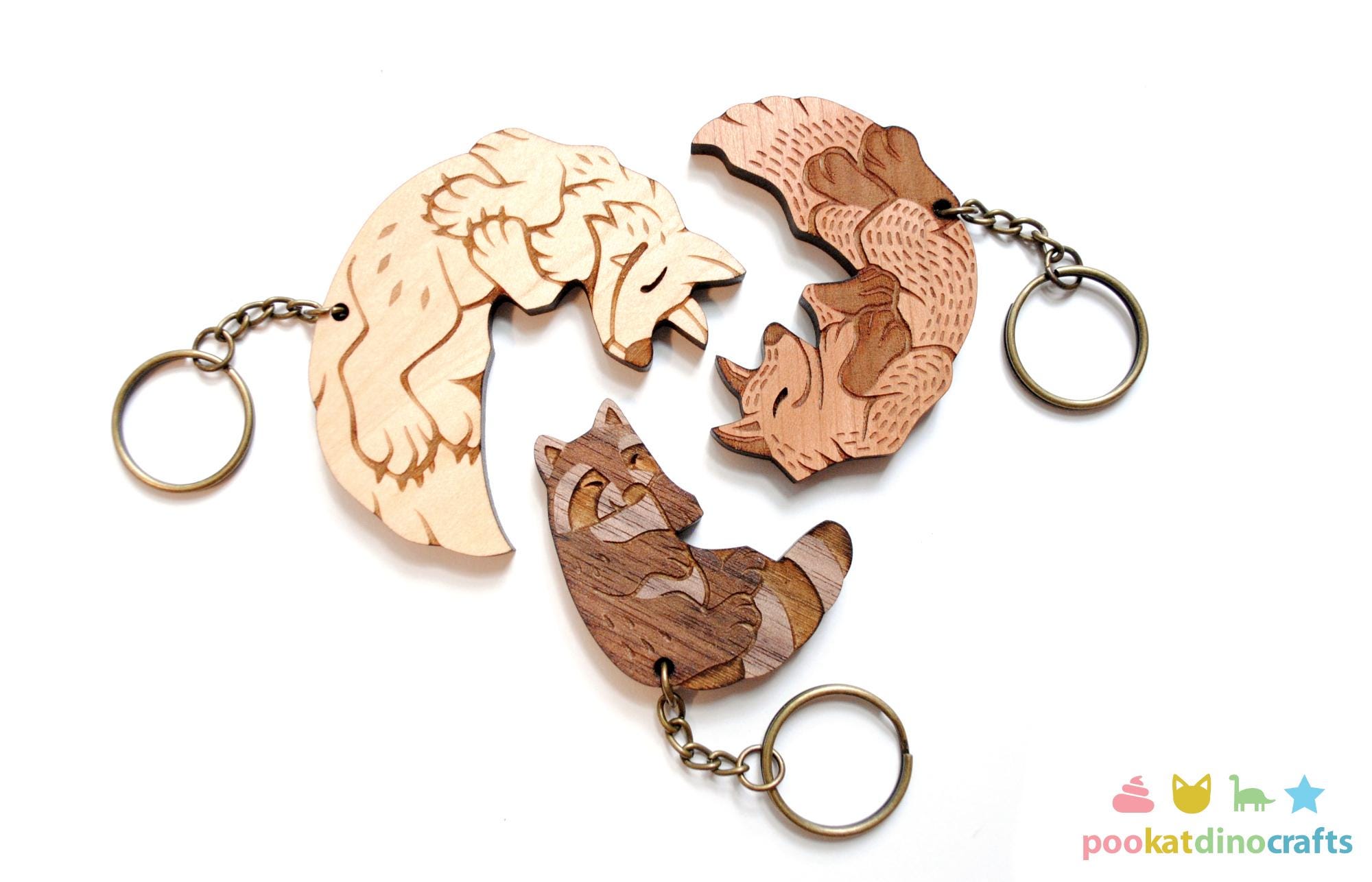 Interlocking Wood Forest Animal Keychains – Wolf, Raccoon, Fox Trio - Etsy