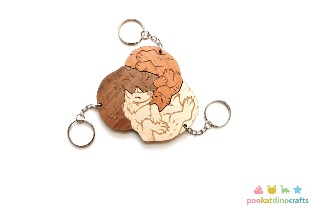 Interlocking Wolf and Cat Trio Keychains - Family, Friendship, Poly ...