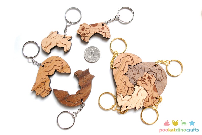 Interlocking Wooden Animal Keychains – Cat, Dog, Rabbit Friendship Set ...