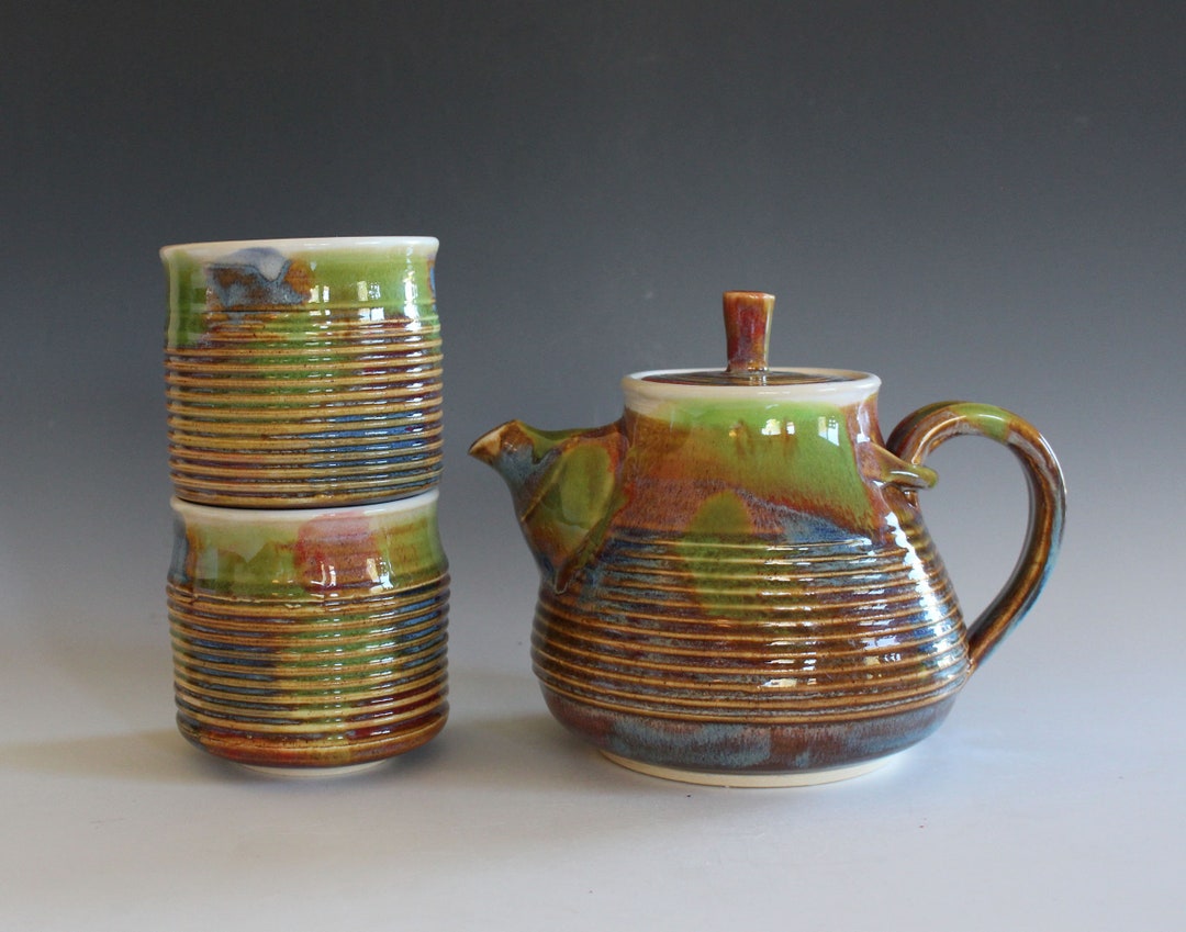 Pottery Teapot With 2 Cups, Handmade Tea Set, Handmade Stoneware Teapot ...