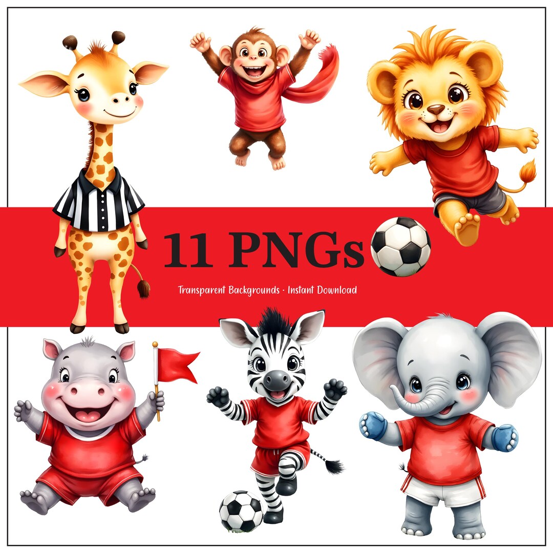 Watercolor Safari Animals Soccer Clipart: Jungle Sports PNG (commercial ...