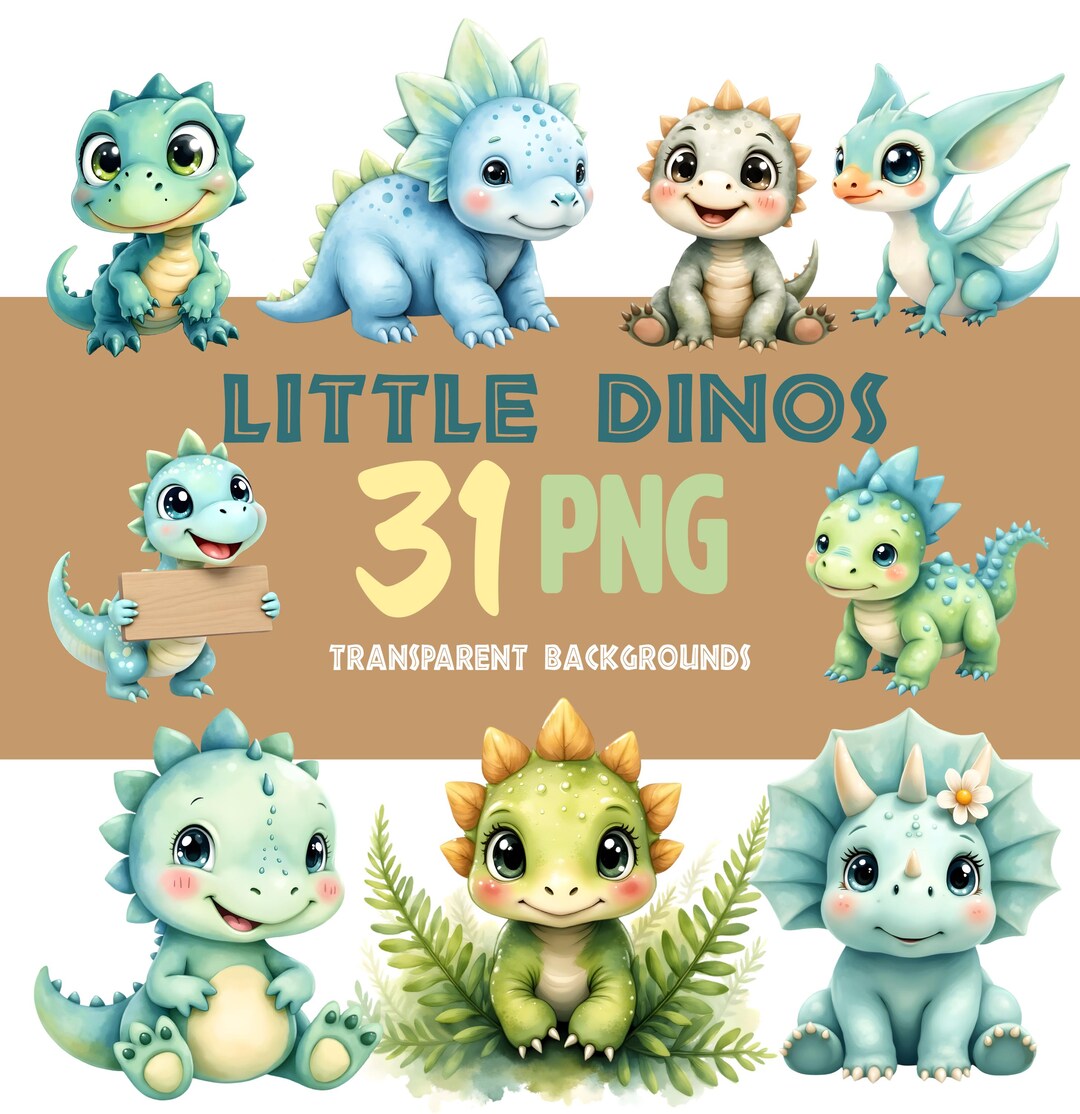 Watercolor Baby Dinosaur Clipart Set: 31 PNG Illustrations (digital ...