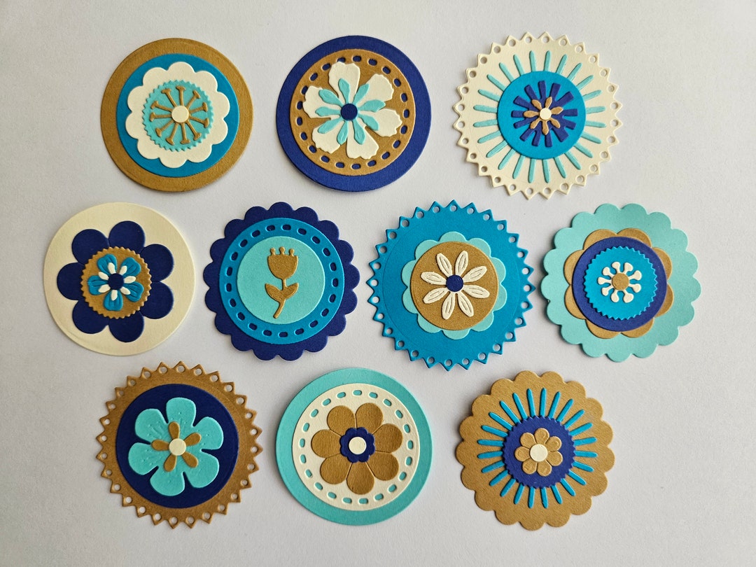 Set of 10 Blue, Cream, Kraft Paper Flower Embellishments, Layered Paper ...