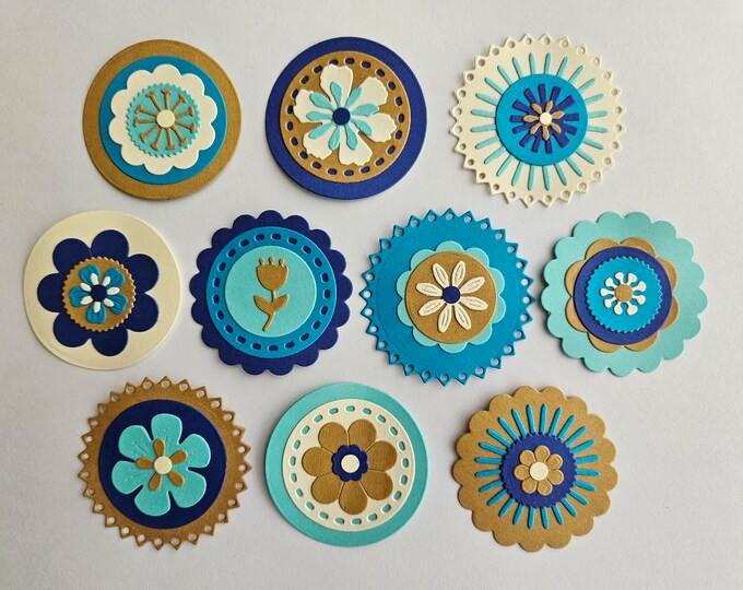 Set of 10 Blue, Cream, Kraft Paper Flower Embellishments, Layered Paper ...