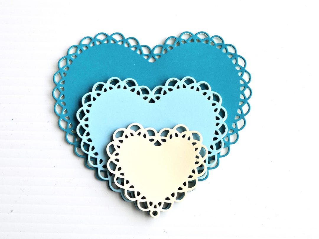 Lacey Heart Die Cuts, Set of 15 Blue and Ivory Paper Hearts for Cards ...