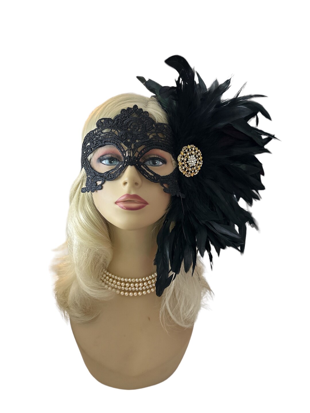 Black Lace Masquerade Mask With Natural Feathers Gold Brooch, Masked ...