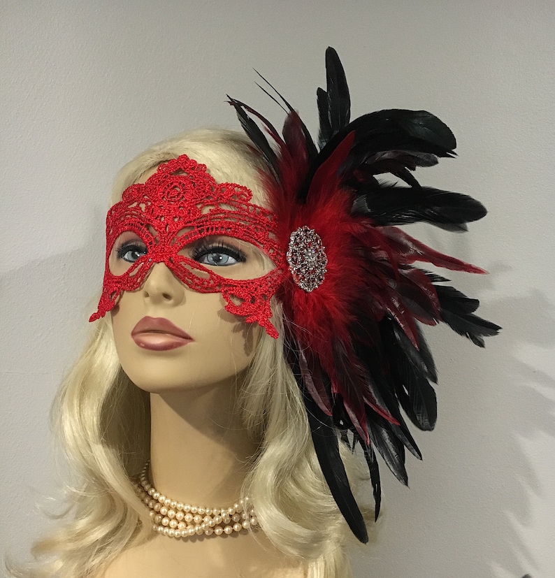 Red Mask Lace Masquerade Mask With Feathers, Masked Ball, Women's Lace ...