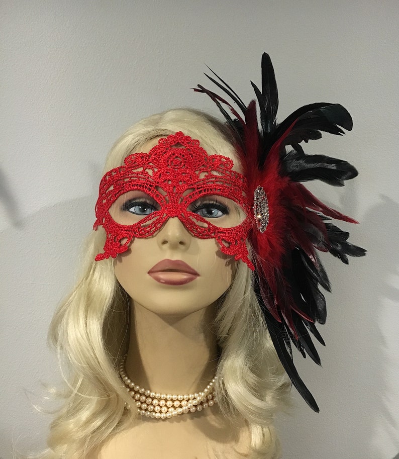 Red Mask Lace Masquerade Mask With Feathers, Masked Ball, Women's Lace ...