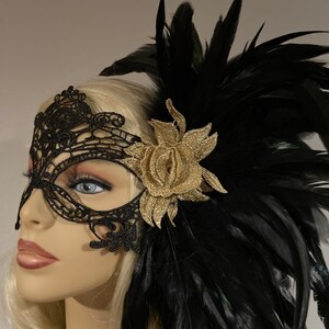 Black Lace Masquerade Mask With Feathers With Antique Gold Flower ...