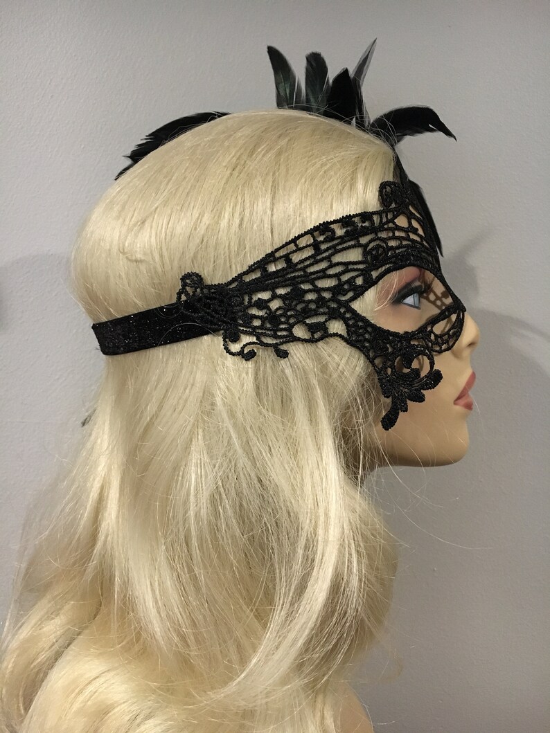 Black Lace Masquerade Mask With Natural Feathers Gold Brooch - Etsy