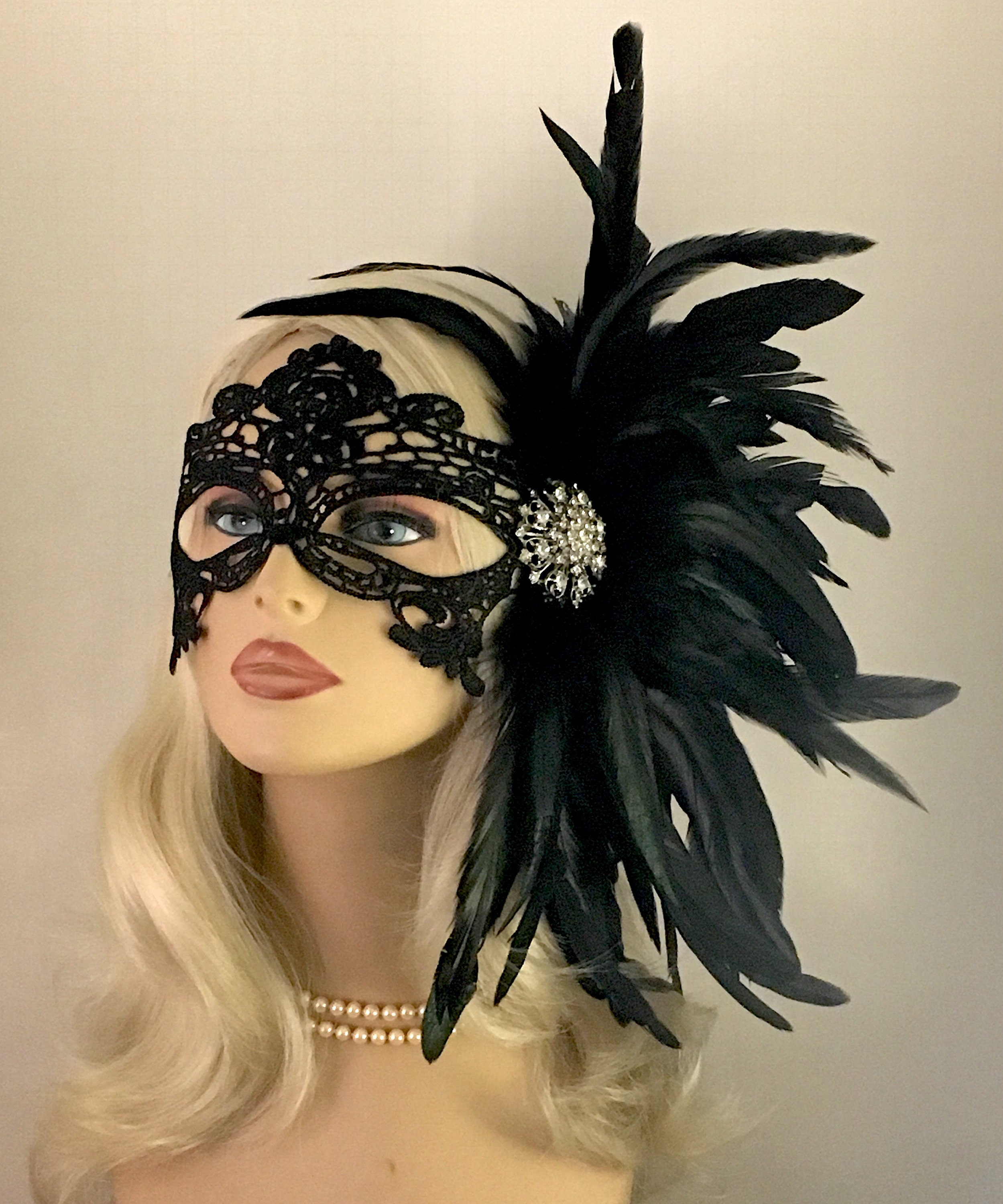 Black Lace Masquerade Mask With Feathers Masked Ball Etsy