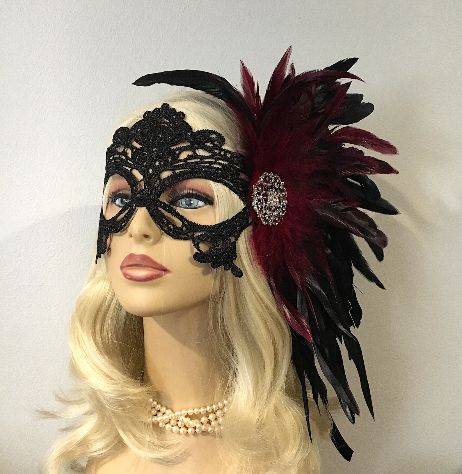 Feather Mask, Black Lace Masquerade Mask With Burgundy Feathers, Masked ...