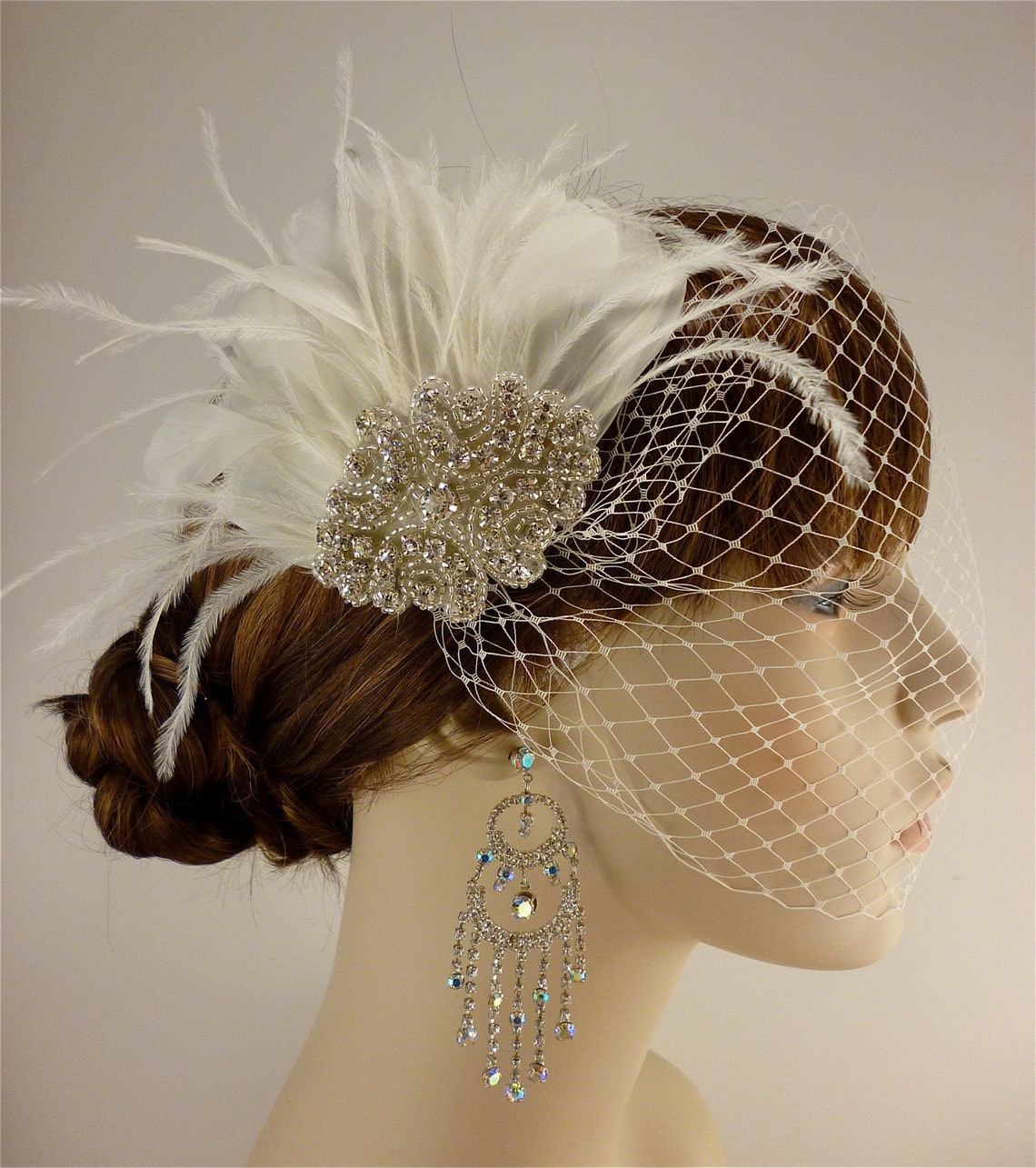 Hollywood Glam Rhinestone Bridal Ivory Feather Fascinator | Etsy