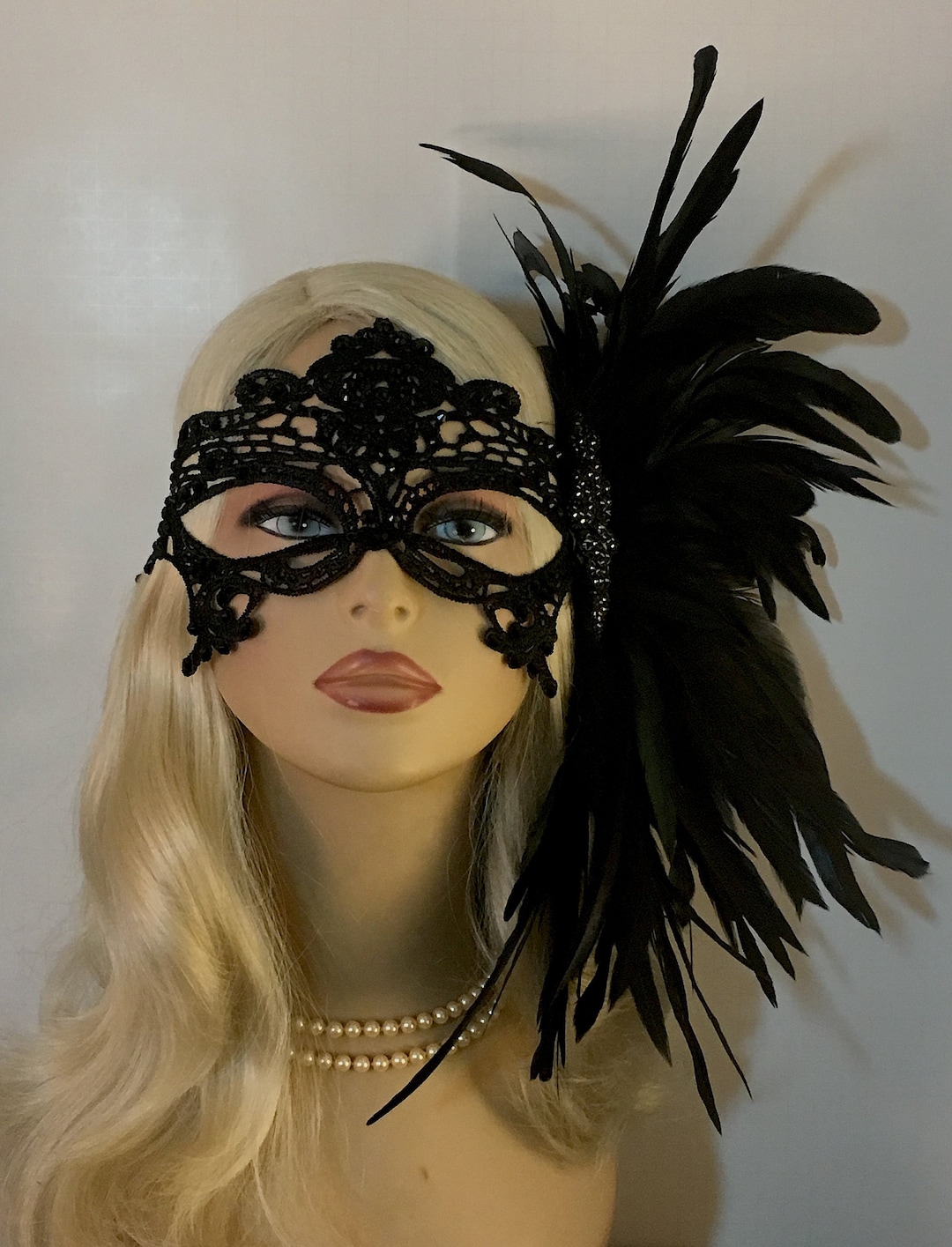 Black Lace Masquerade Mask With Black Feathers, Black Rhinestone Mask ...
