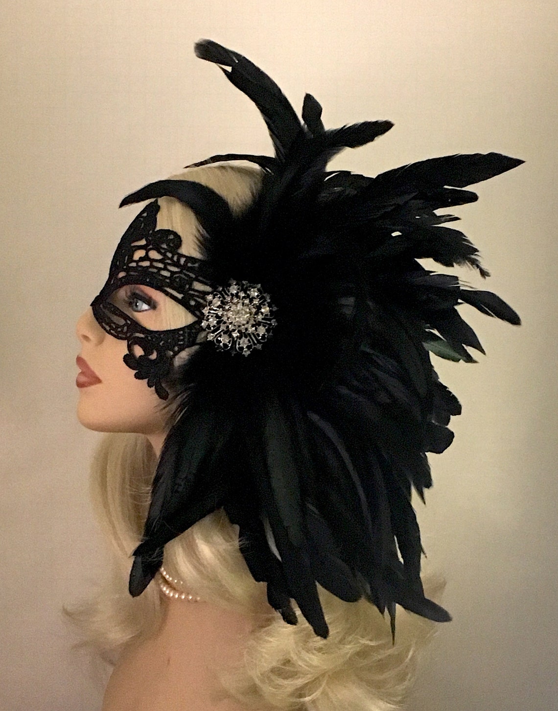 Black Lace Masquerade Mask With Black Feathers Masked Ball - Etsy