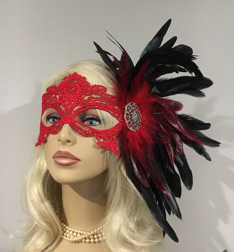 Red Mask Lace Masquerade Mask With Feathers Masked Ball | Etsy