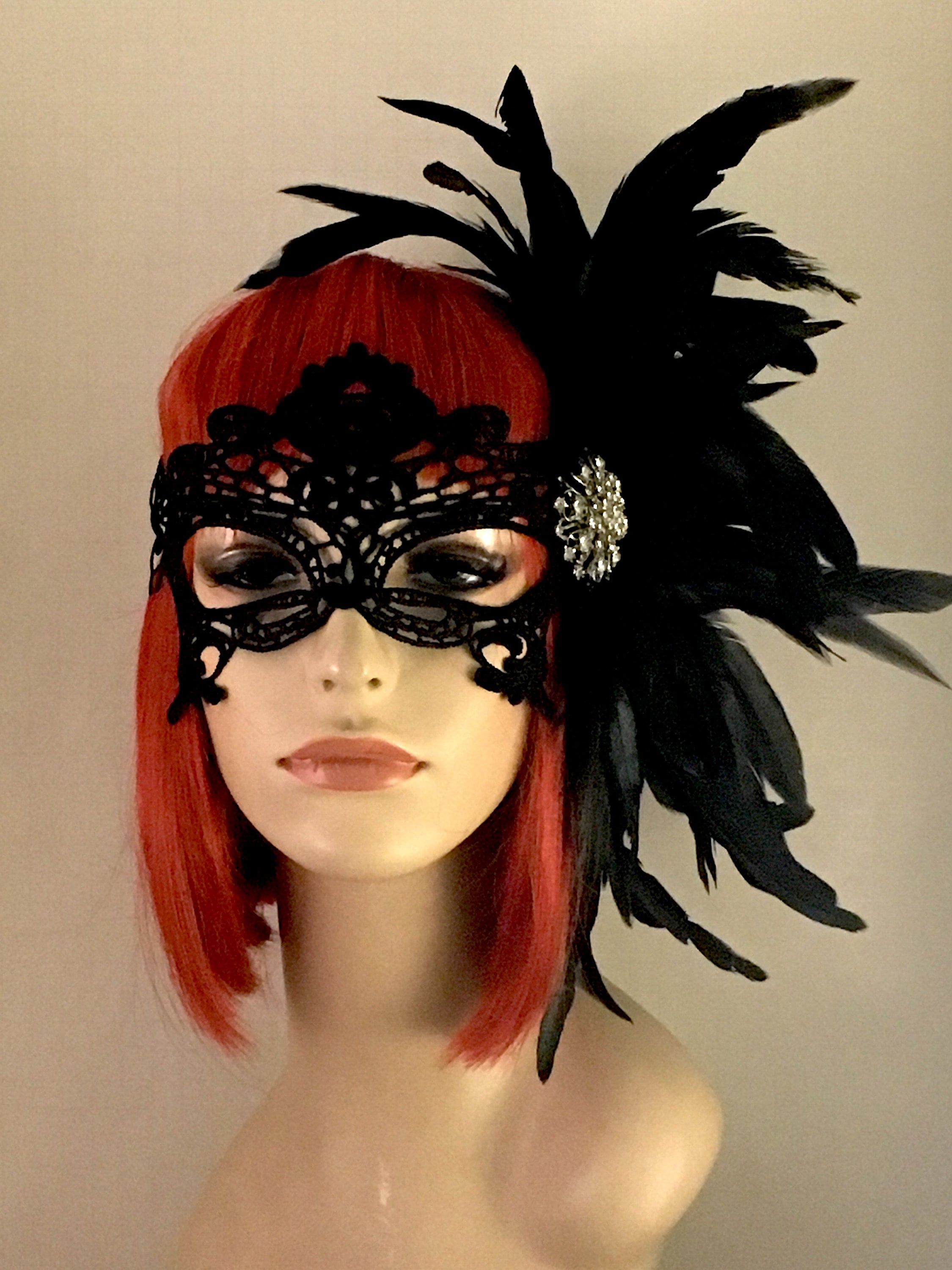 Feather Mask Black Lace Masquerade Mask With Burgundy | Etsy
