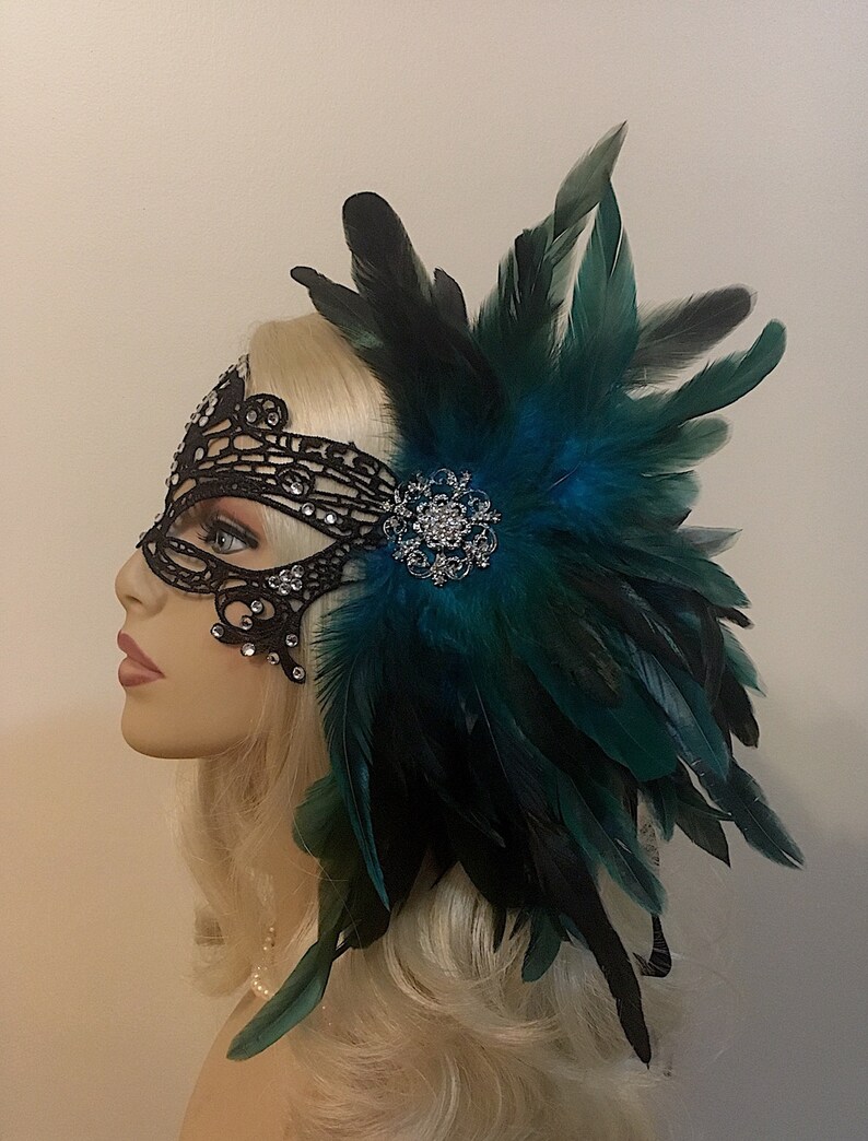 Turquoise Lace Masquerade Mask With Feathers and Crystals - Etsy