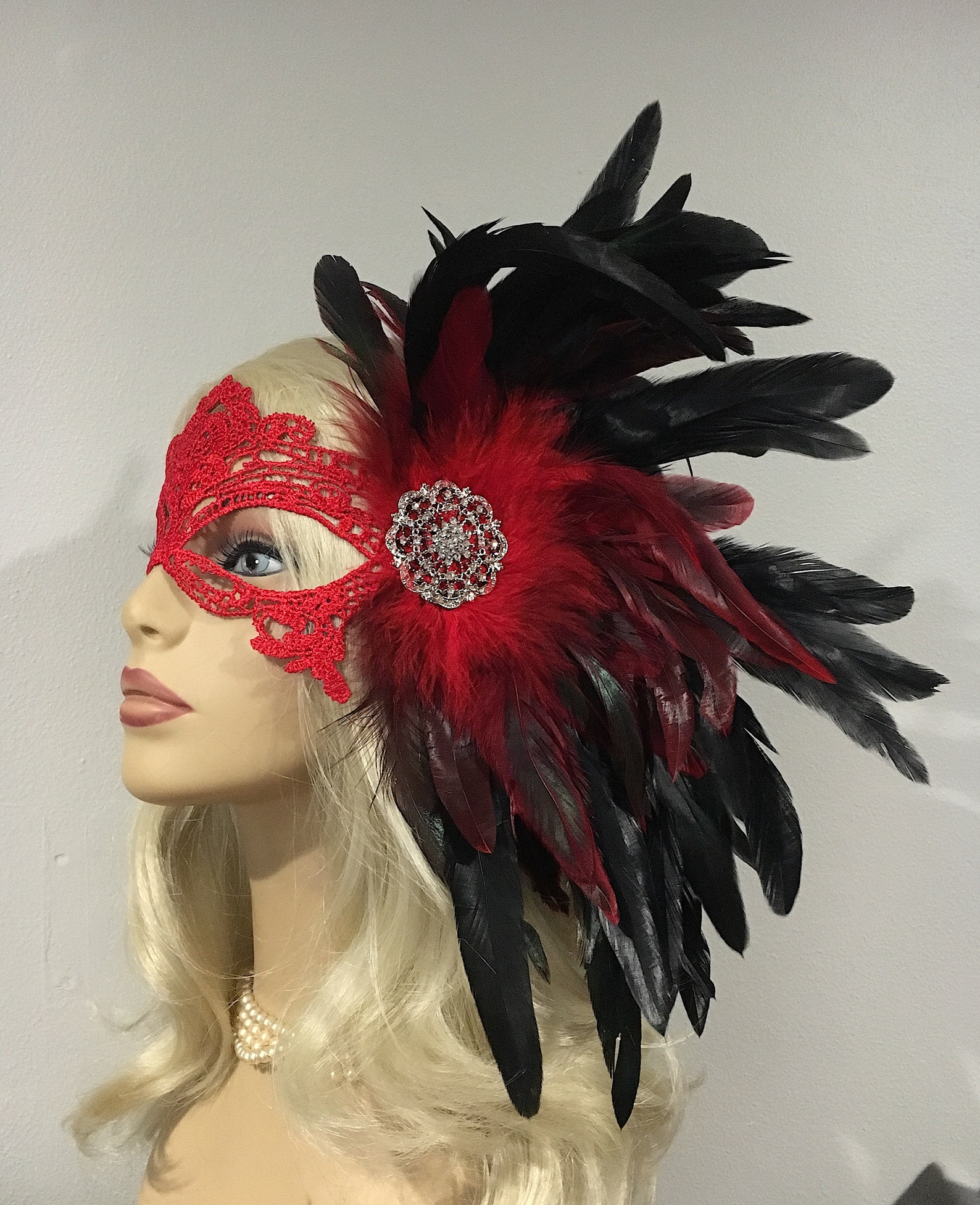 Red Mask Lace Masquerade Mask With Feathers Masked Ball | Etsy