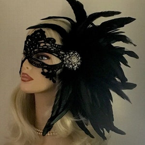 Feather Mask, Black Lace Masquerade Mask With Burgundy Feathers, Masked ...