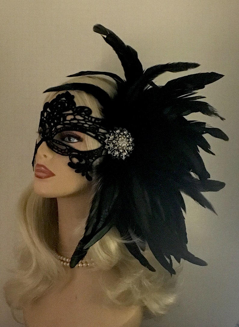 Black Lace Masquerade Mask With Black Feathers Masked Ball - Etsy