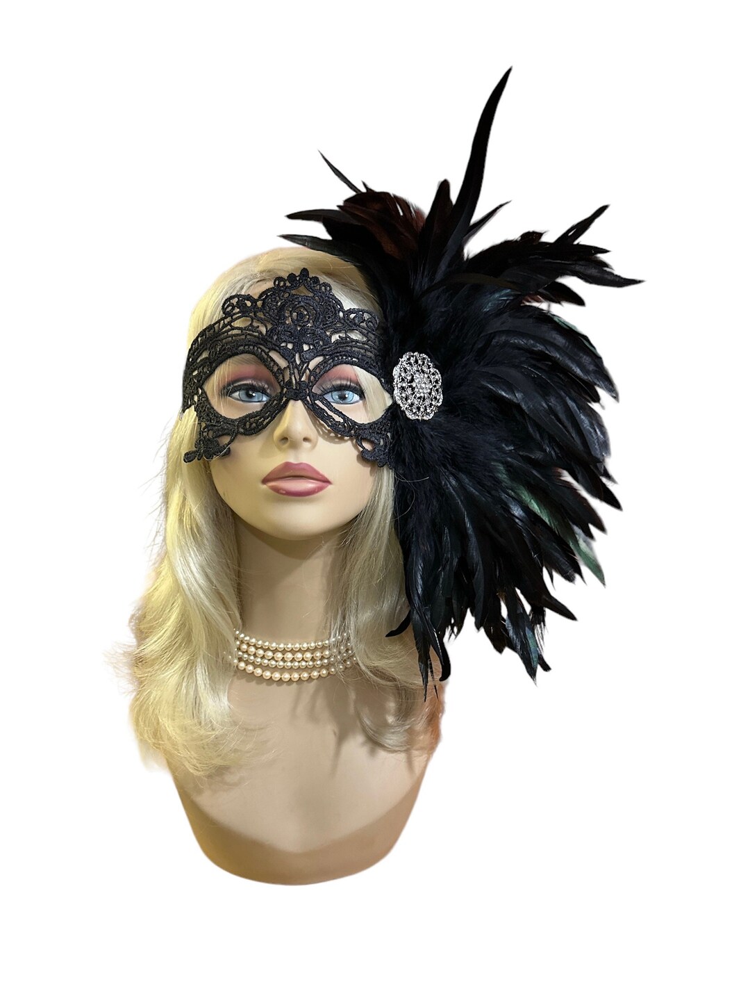Black Lace Masquerade Mask With Black Feathers, Masked Ball, Women's ...